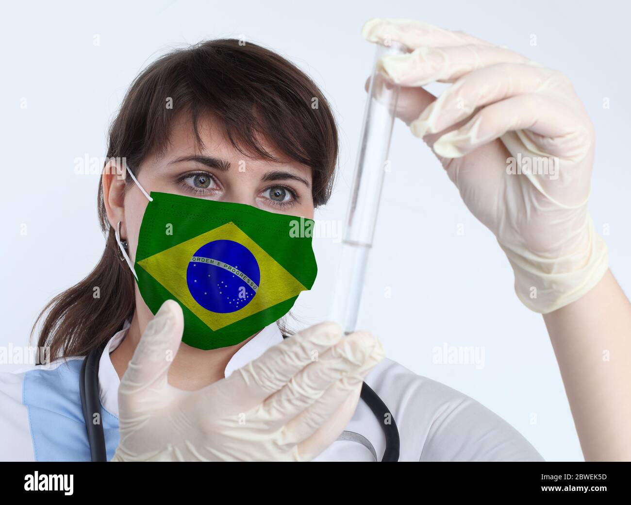 Scientist woman and mask with Brazil flag. Research of viruses in ...