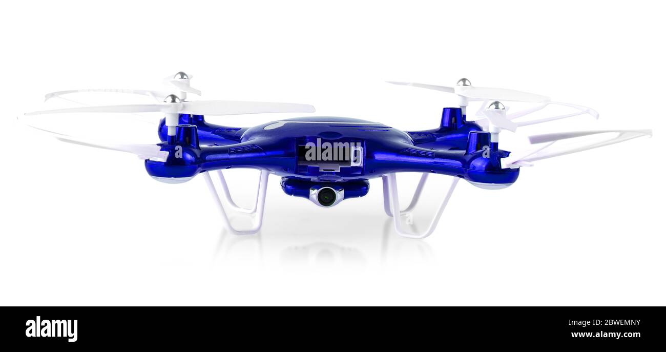 The blue drone flying isolated on white background. Clsoe up of fly ...