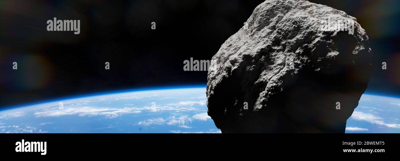 asteroid approaching planet Earth, meteorite in orbit before impact ...