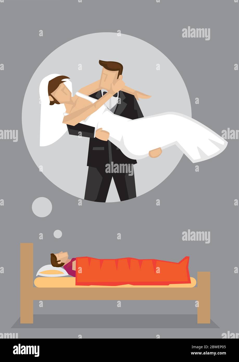 Single man lying on bed dreaming about his bride and wedding. Vector ...