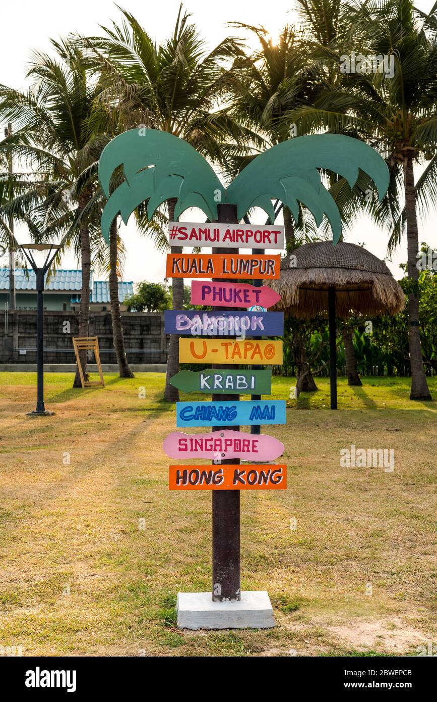 Decorative destination signs at Koh Samui airport in Thailand Stock ...