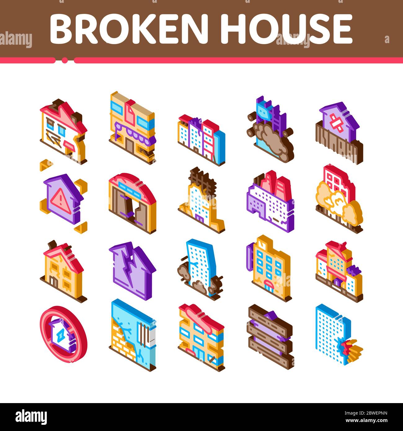 Broken House Building Isometric Icons Set Vector Stock Vector Image ...
