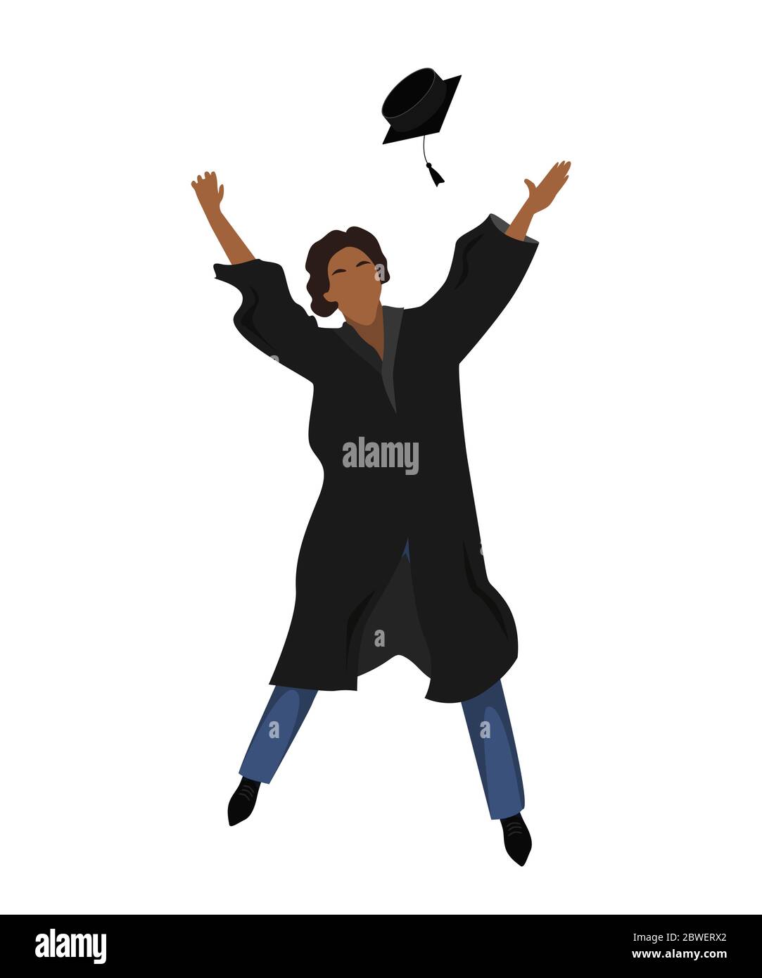 Young graduate student in graduation gown jumping and throwing the ...