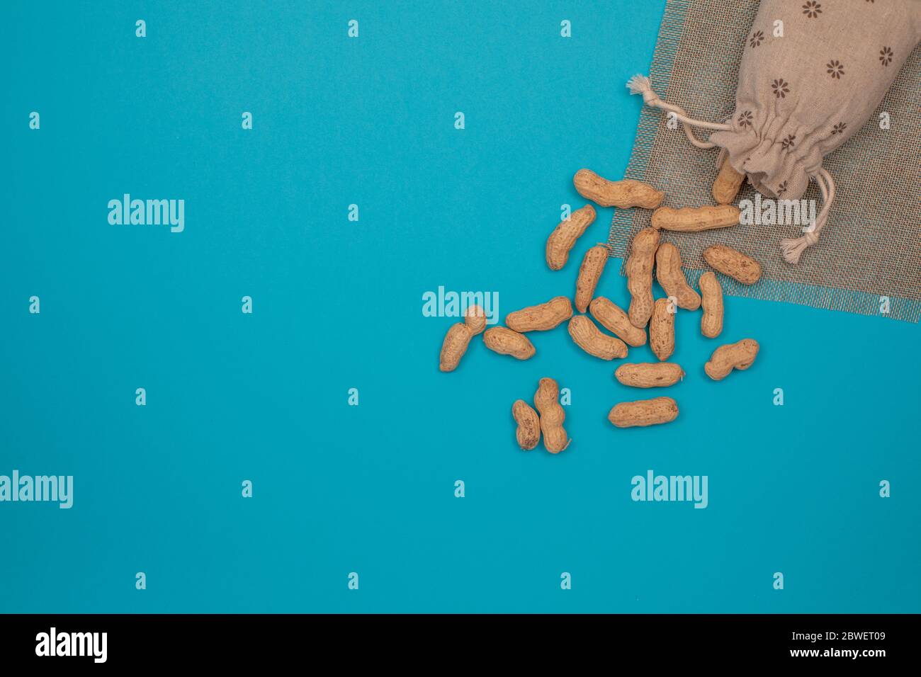 Nuts, shelled peanuts, sprinkle on the table from a linen bag, colored ...