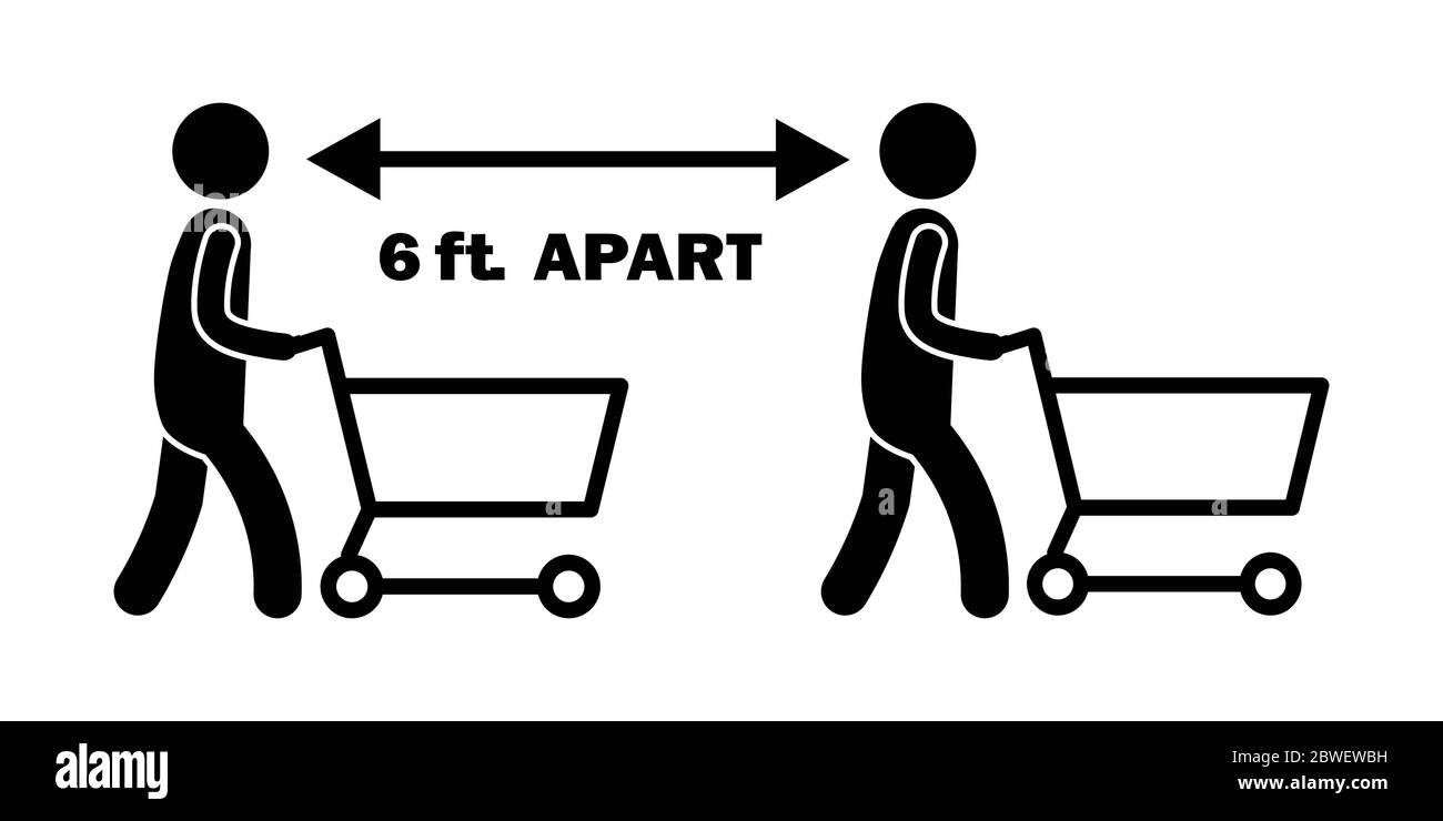 6 ft. Apart Stick Figure with Cart. Black and white pictogram depicting ...
