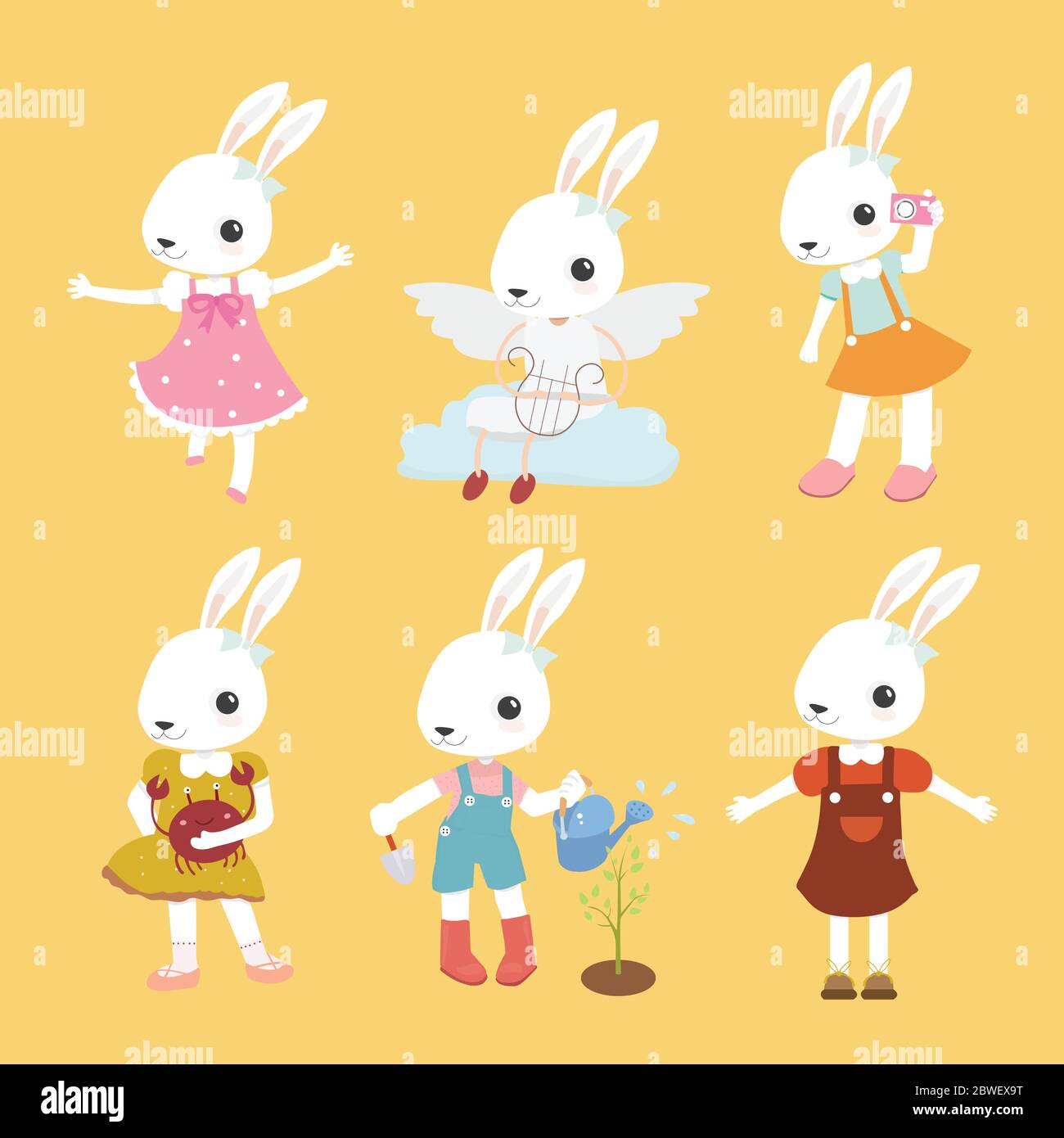Set of cute cartoon rabbit in modern flat style. Animal character ...