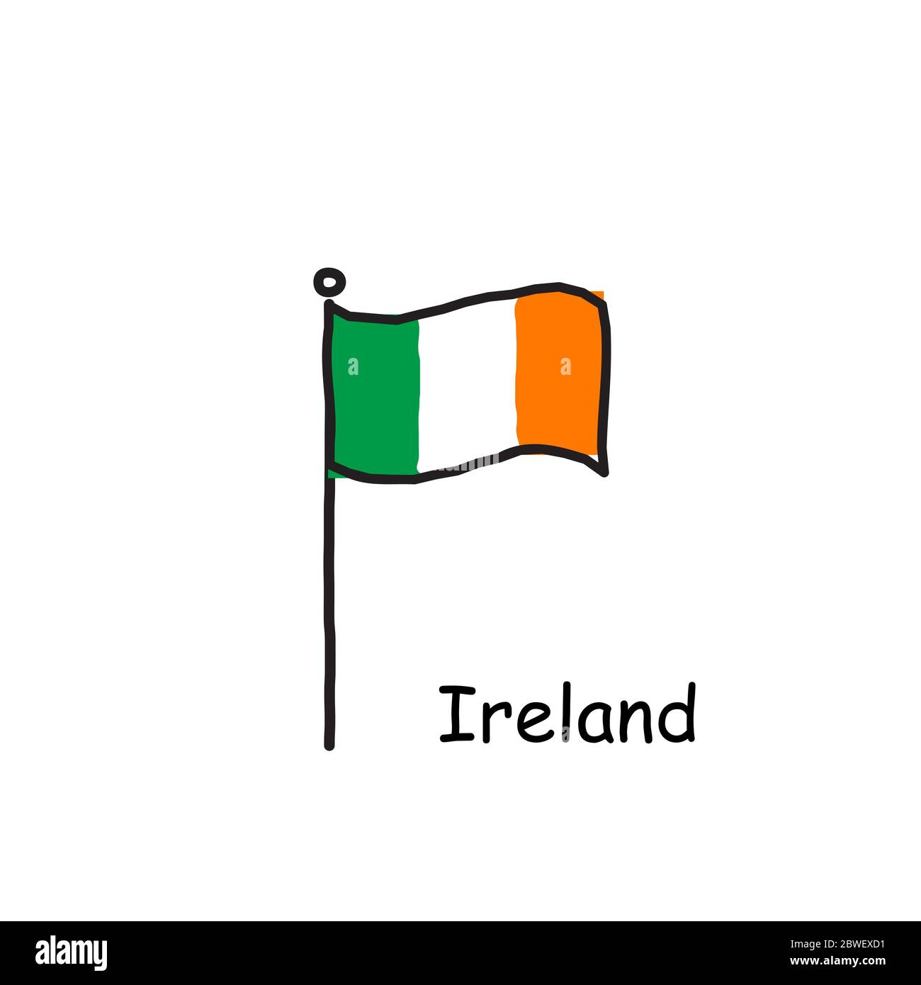 hand drawn sketchy Ireland flag on the flag pole. three color flag ...