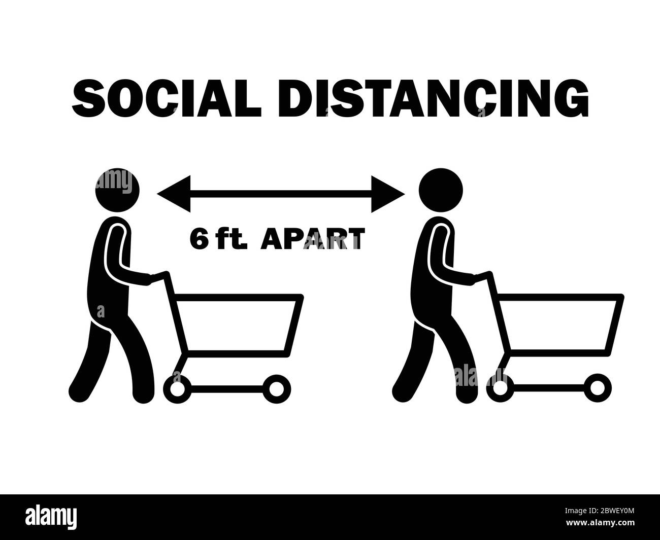 Social Distancing 6 ft. Apart while shopping with cart. Black and white pictogram depicting ...
