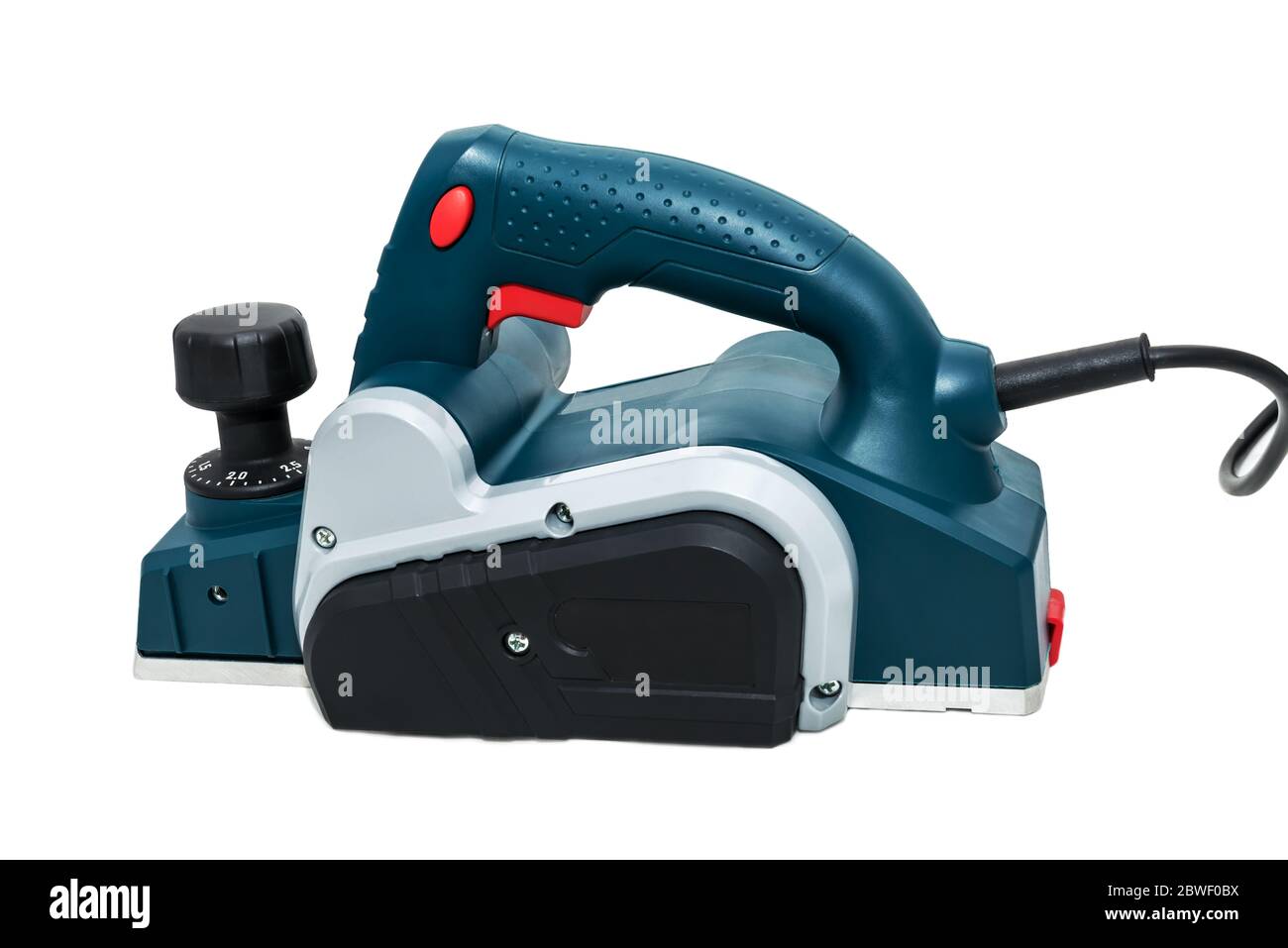 Electric planer for wood processing on a white background. Isolated ...
