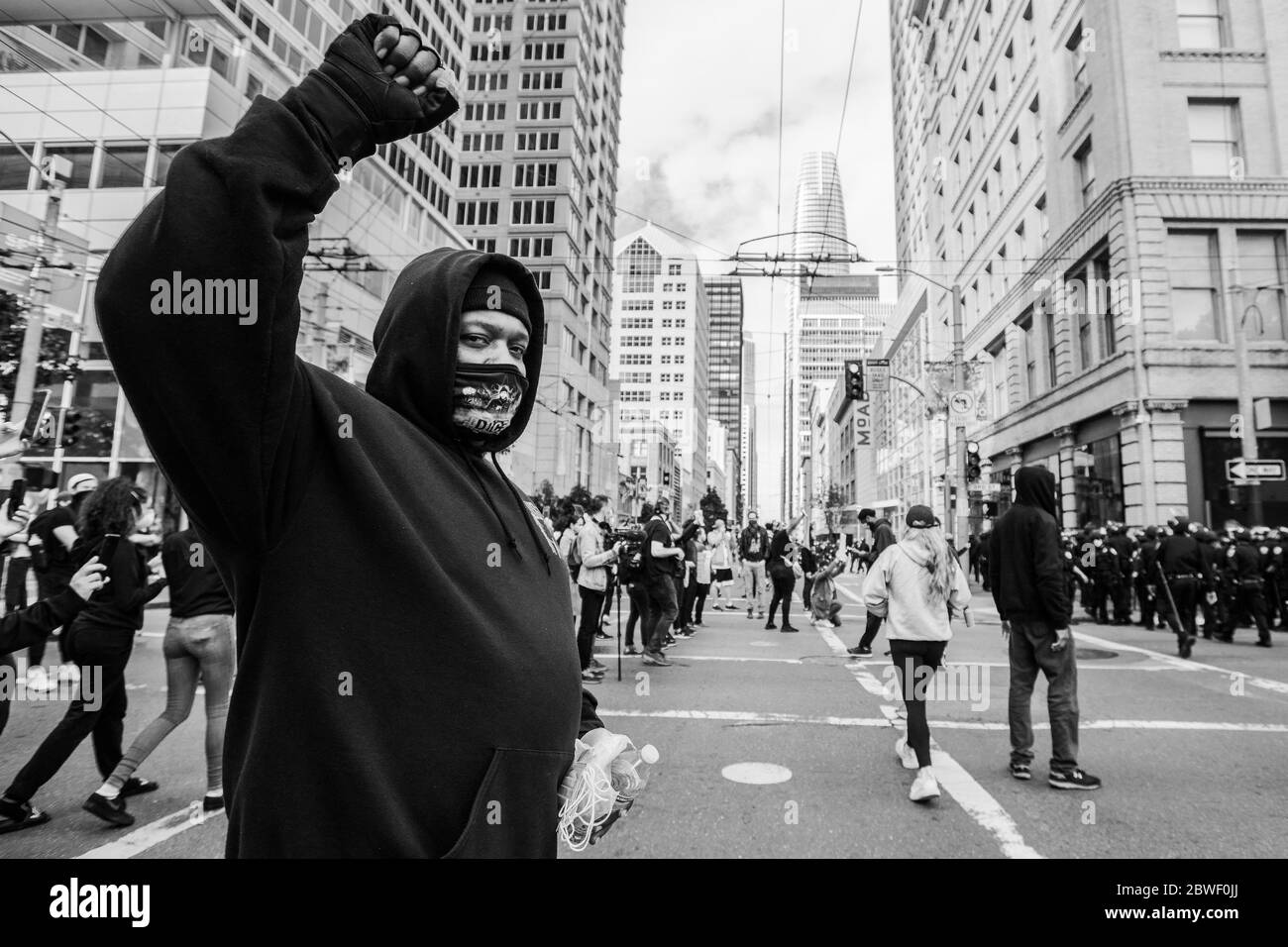 SAN FRANCISCO, CA- MAY 31: A protestor demonstrates on Mission Street ...