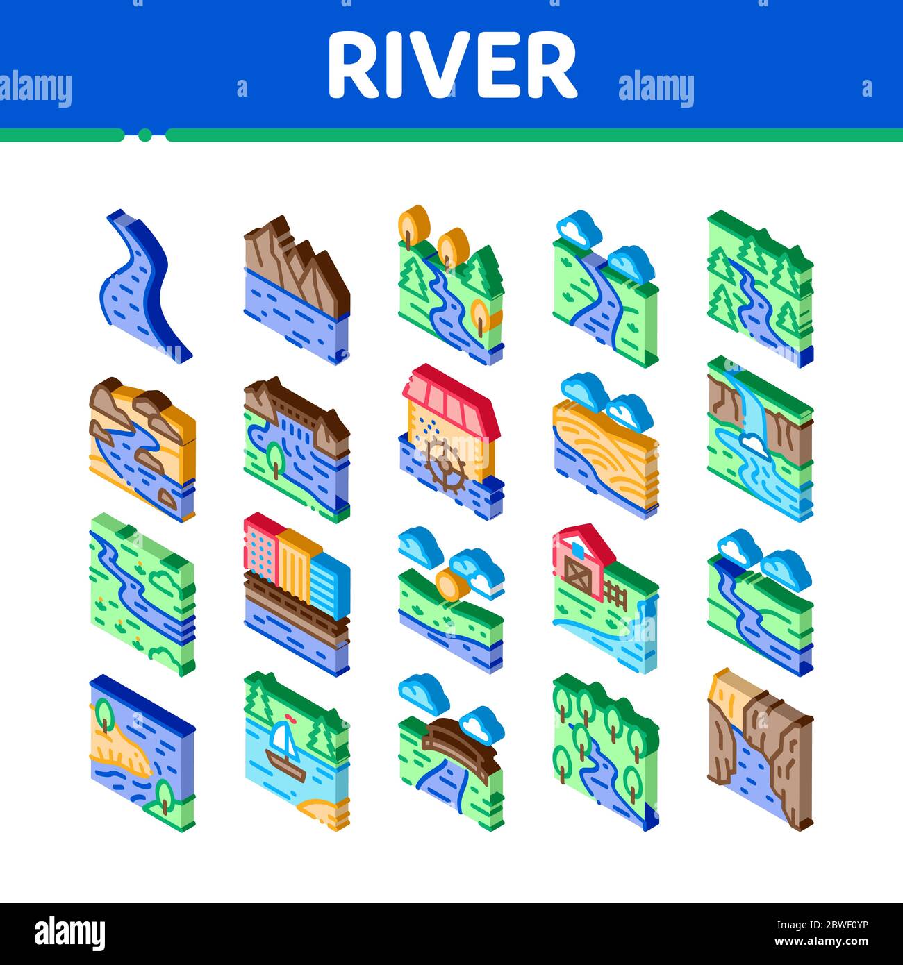 River Landscape Isometric Icons Set Vector Stock Vector Image & Art - Alamy