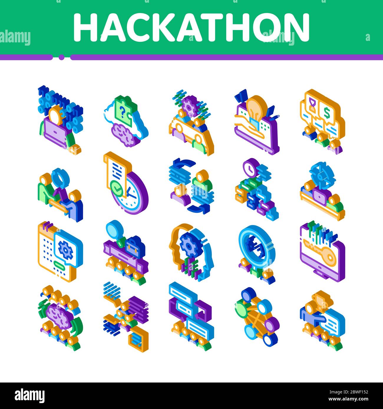Hackathon Development Isometric Icons Set Vector Stock Vector Image ...