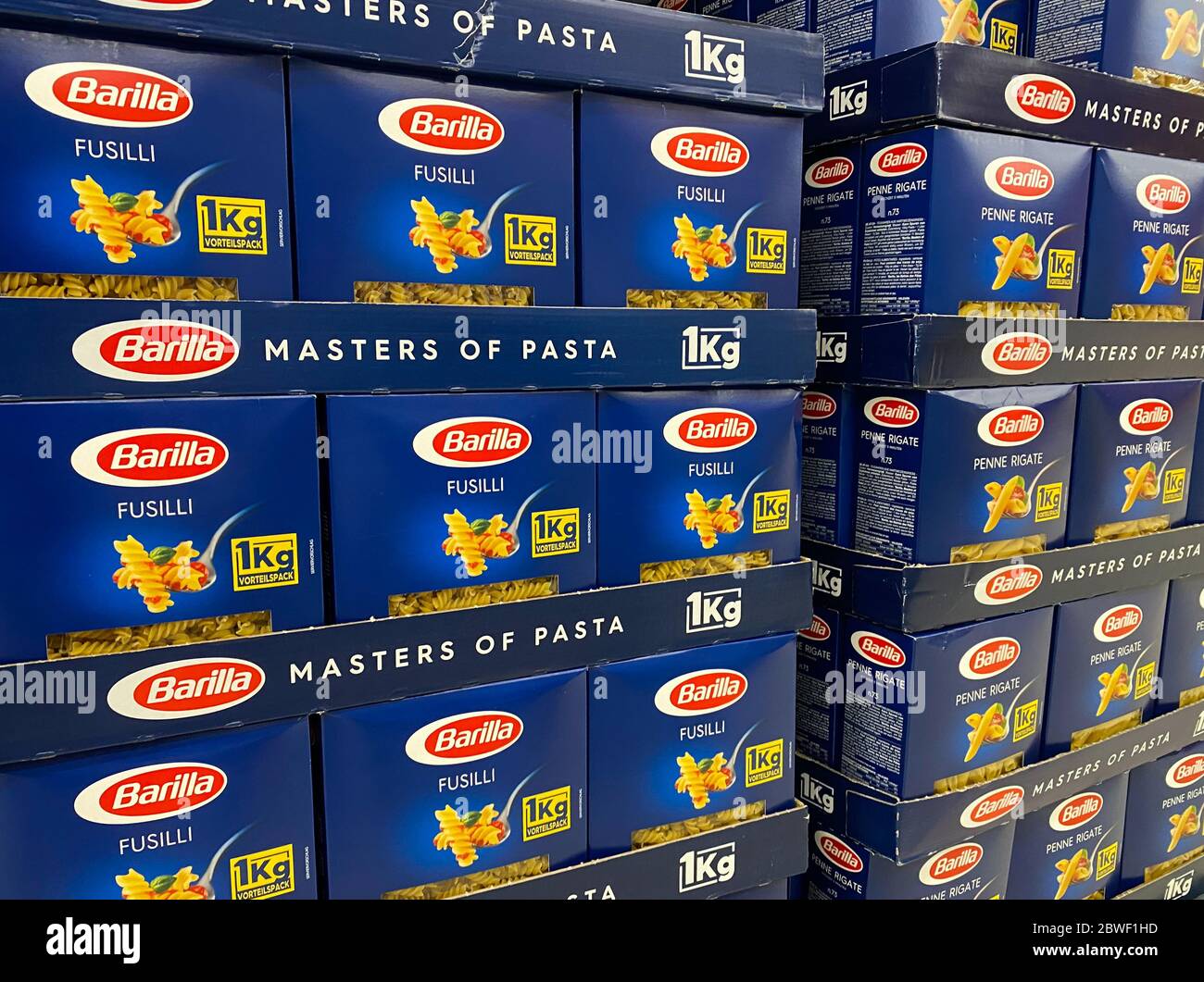 Tönisvorst, Germany - May 29. 2020: View on isolated blue packages ...