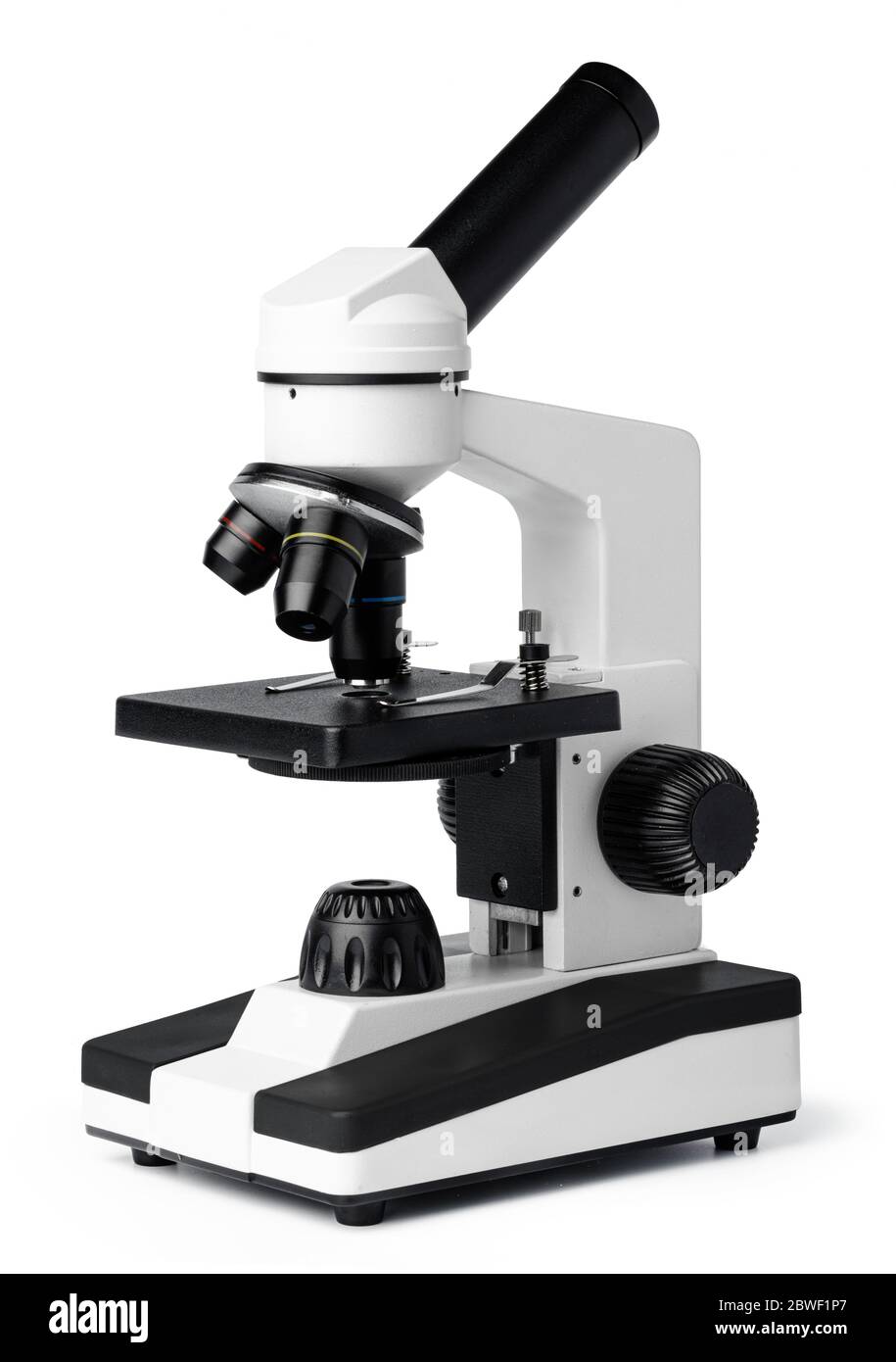Scientific microscope isolated on white background, front view Stock ...