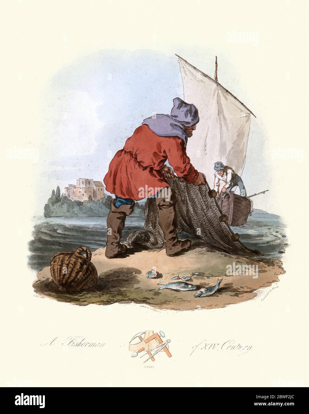 Medieval fisherman pulling in fishing nets, small fishig boat in the ...