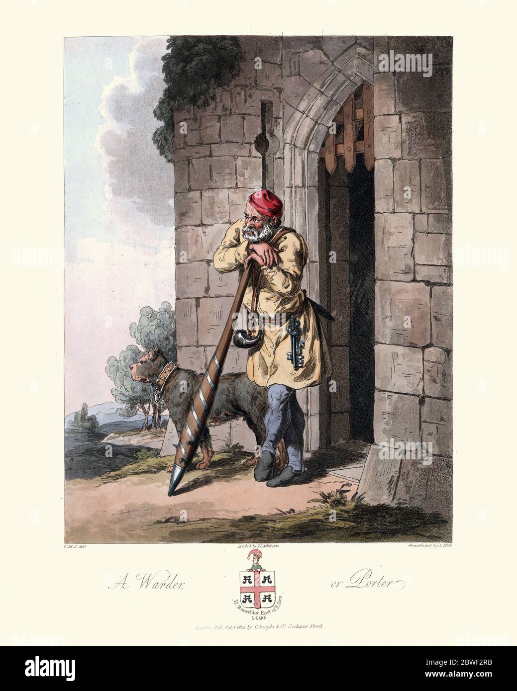 Medieval castle warder (or Porter) guard dog, keys hanging from belt ...