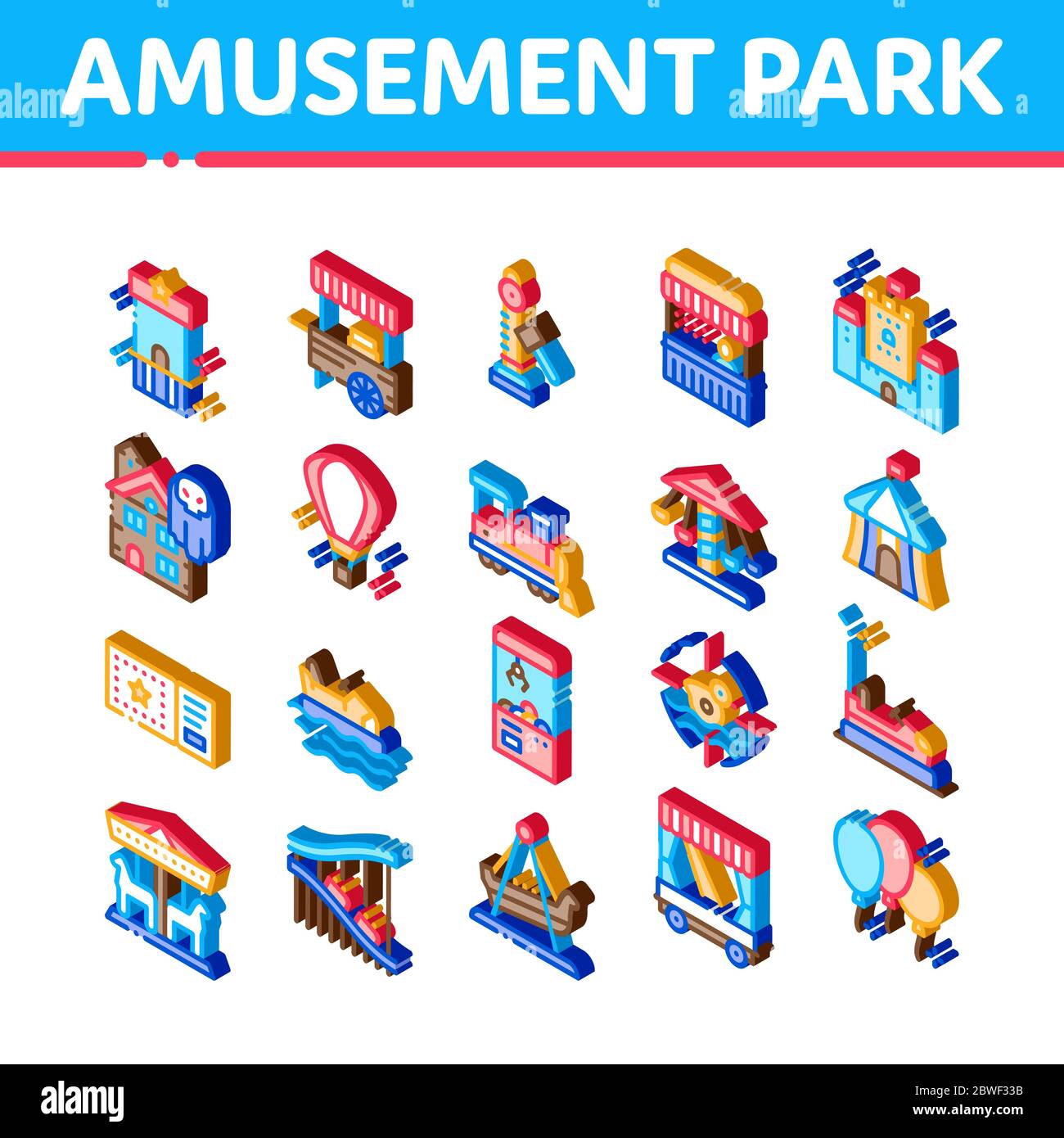 Amusement Park And Attraction Isometric Icons Set Vector Stock Vector ...
