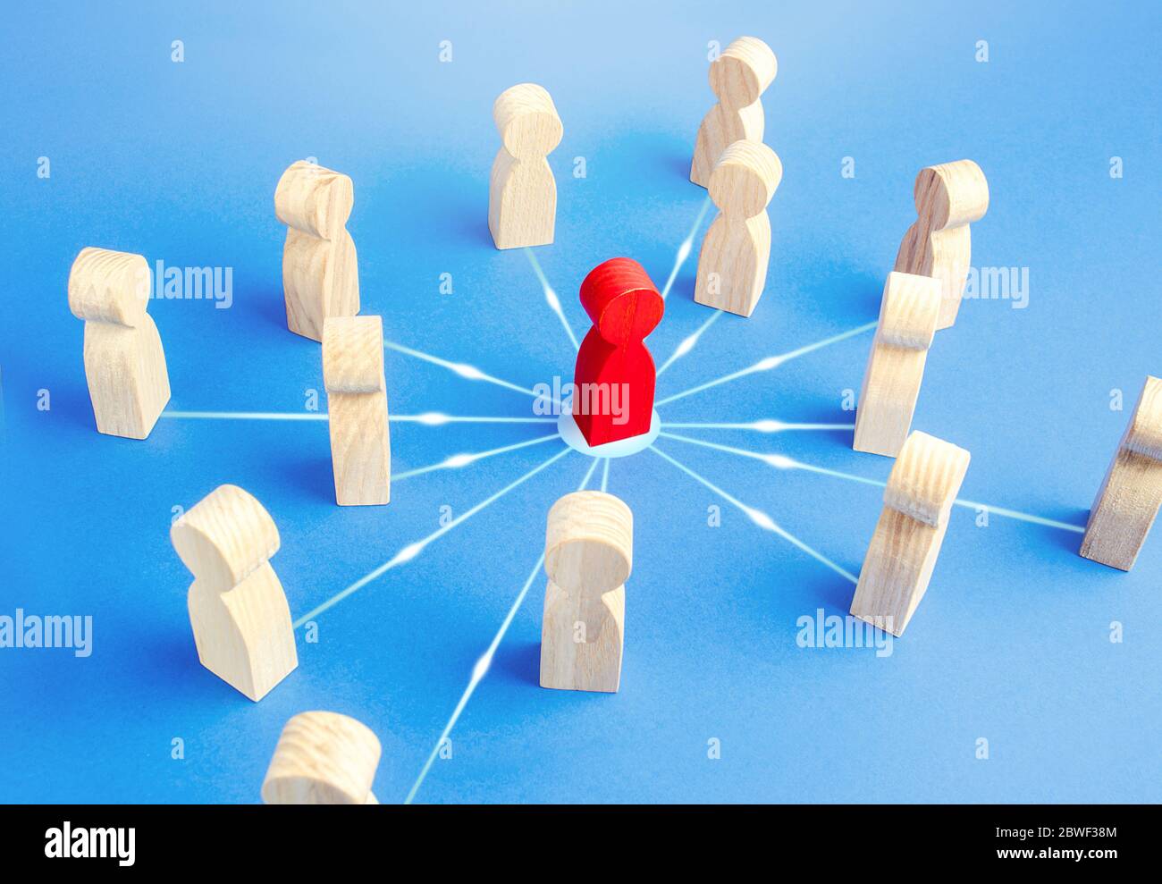 Red person attracts surrounding people. Leadership skills. Followers of ...