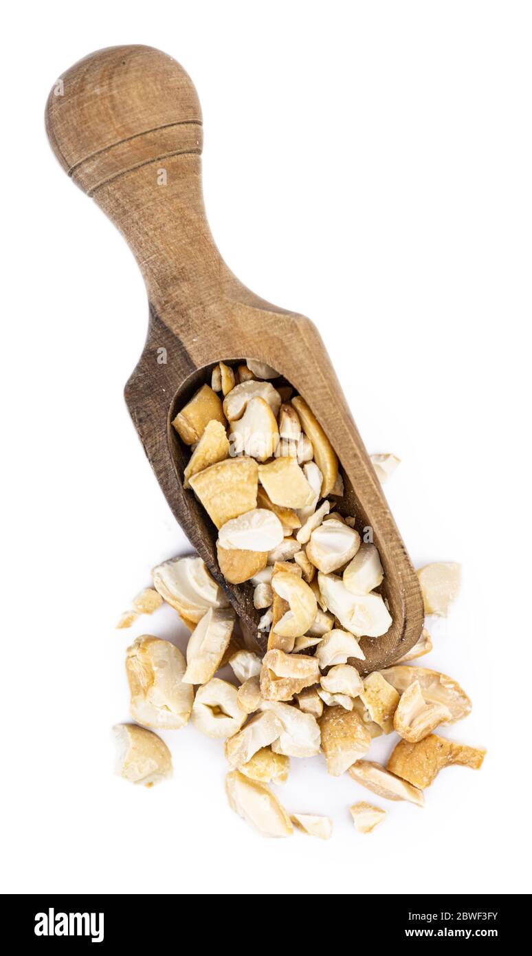 Portion of chopped Cashew nuts isolated on pure white background ...