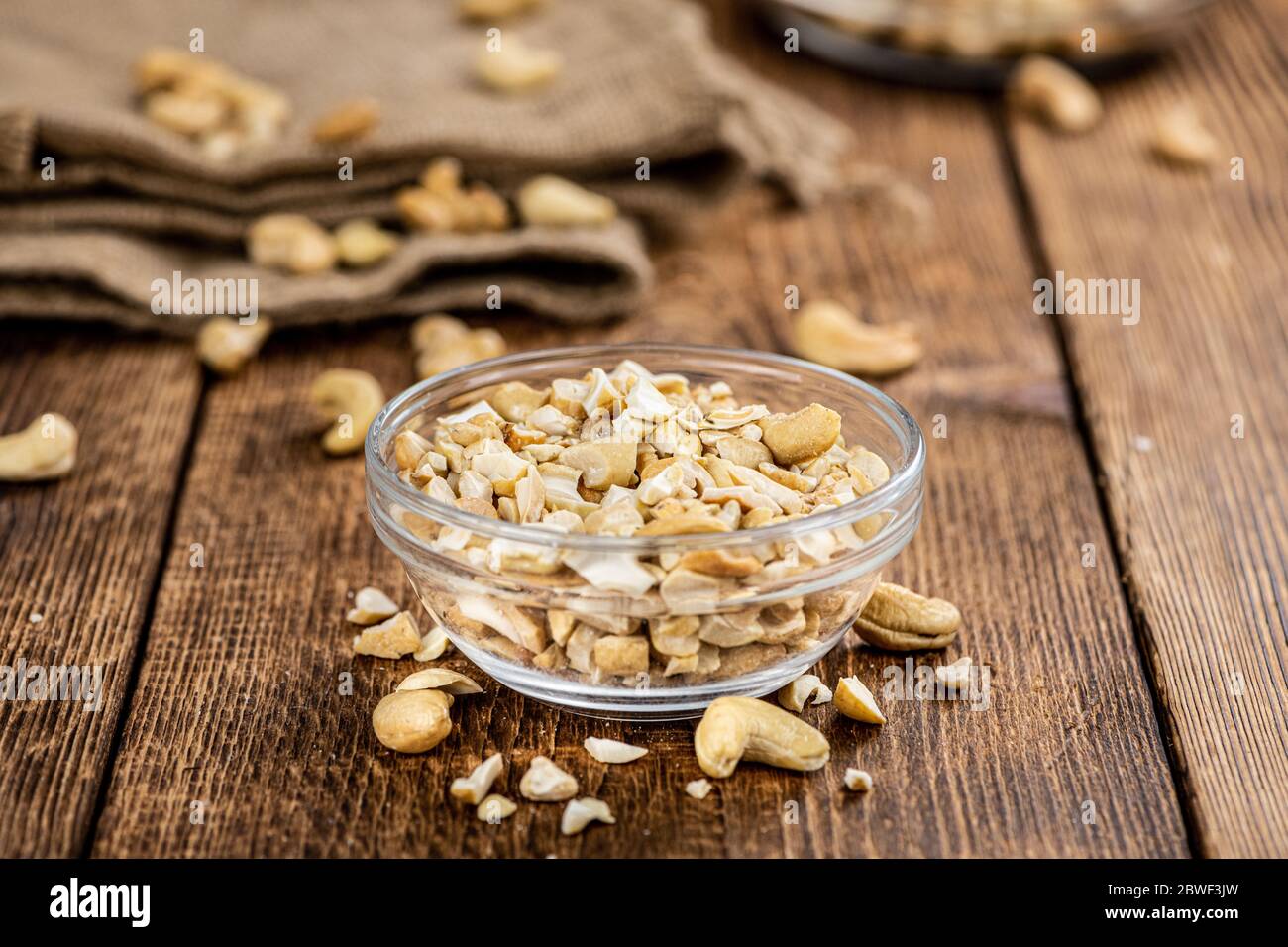 Portion of chopped Cashew nuts (close-up shots, selective focus Stock ...