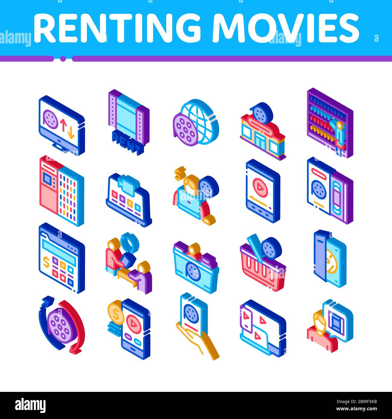 Renting Movies Service Isometric Icons Set Vector Stock Vector Image ...