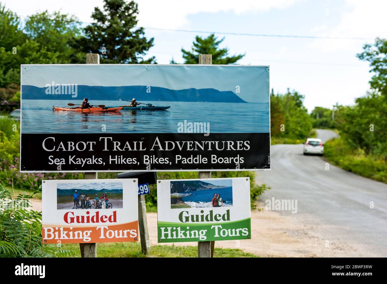 Nova Scotia, Cape Breton Island, Aug 2018: Cabot Trail Adventures sign ...