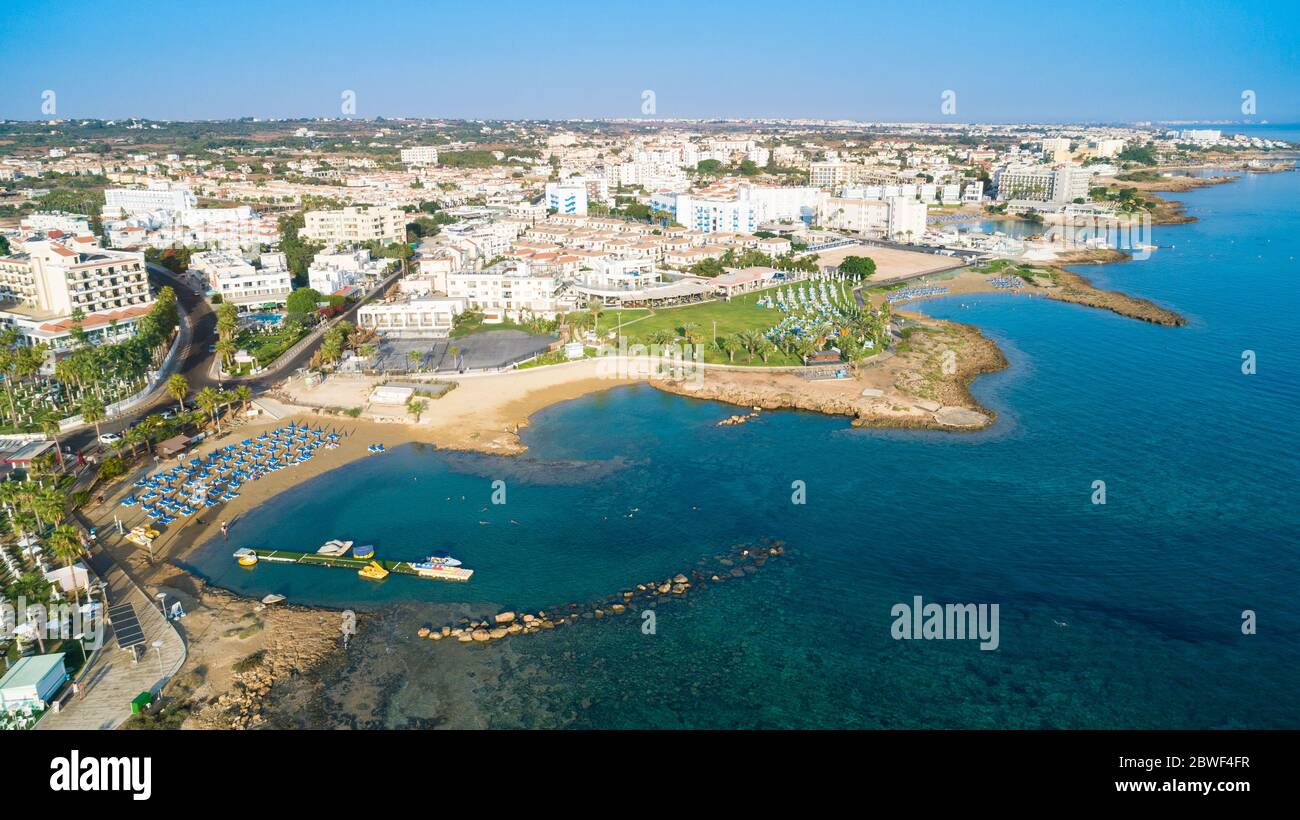 Aerial bird's eye view of Pernera beach in Protaras, Paralimni ...