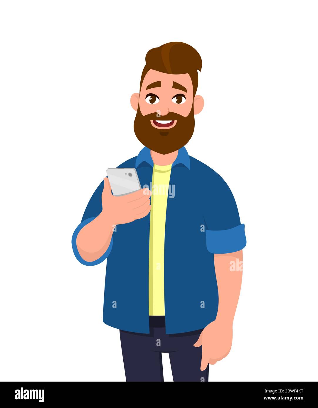 Young man holding smartphone. Mobile phone concept. Vector illustration ...