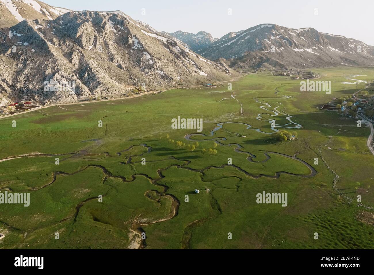 Gazipasa, Antalya , Turkey. Aerial view of mountain meeting green ...