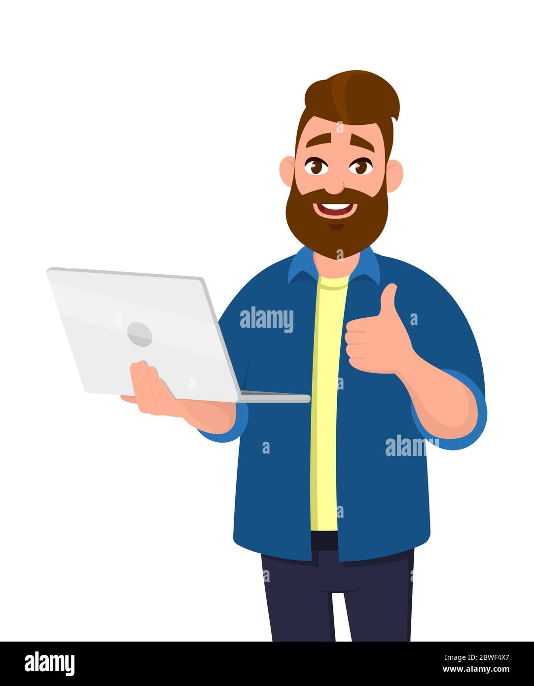 Successful young man holding/using laptop computer (PC) and showing ...