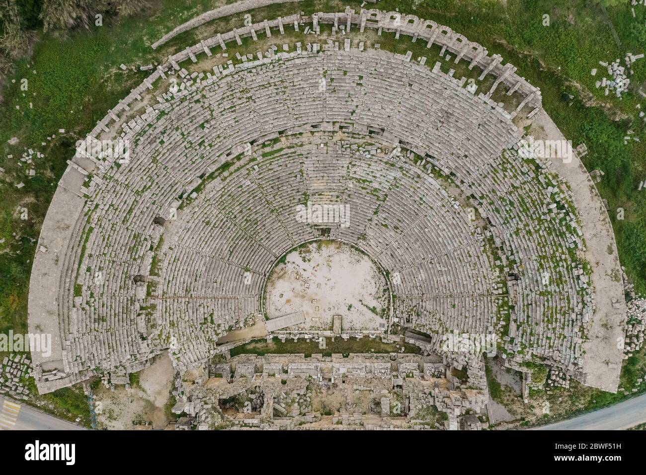 Aerial view of Ruins of theater in ancient city. UNESCO world heritage ...