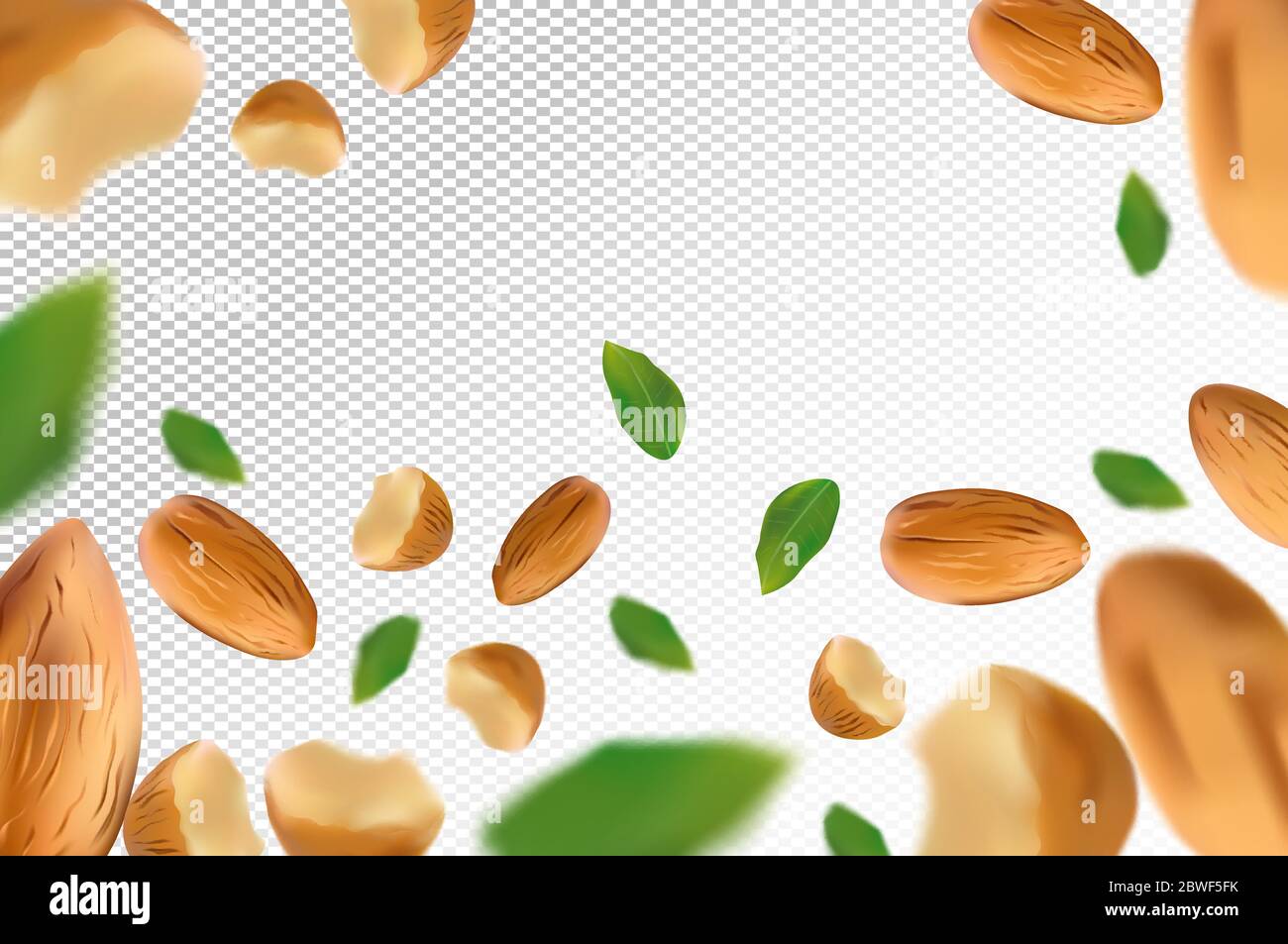 Almond nuts background. Flying almond with green leaf on transparent ...