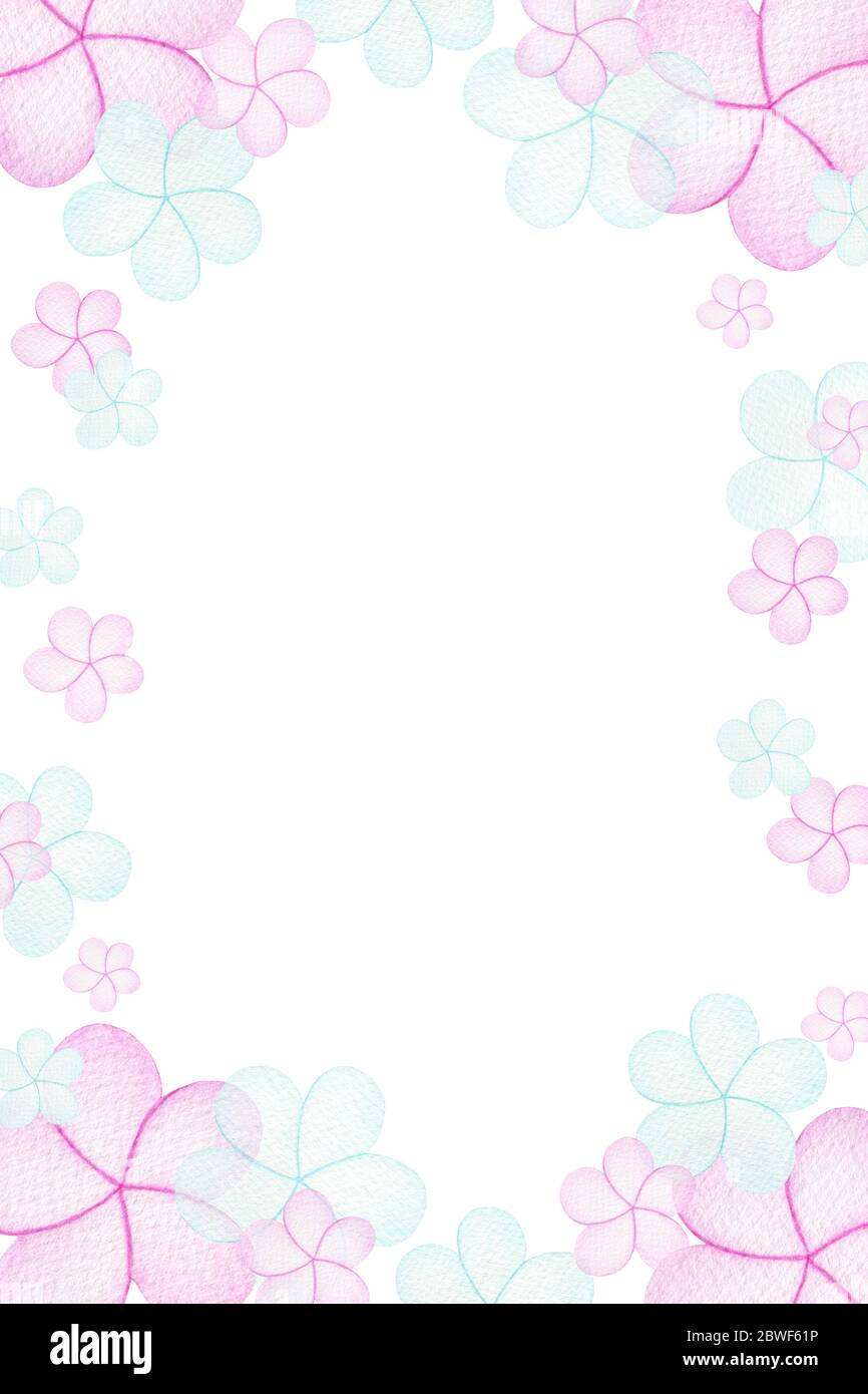 pink and blue flower frame, cute watercolor illustration with pastel ...