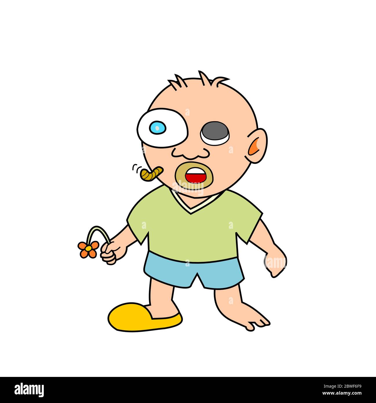 Zombie boy wearing one yellow shoe and holding flower is withering on ...