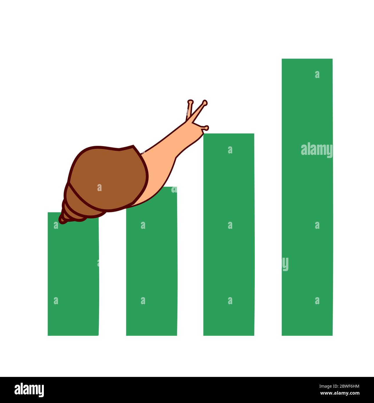 Brown snail climbing and going up with green color bar chart on white ...