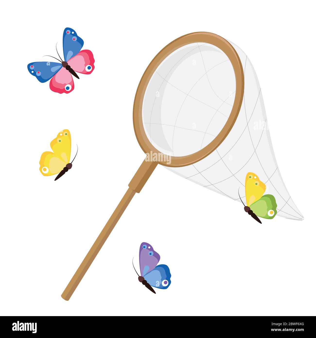 Butterfly net and colorful butterflies. Classic net design, wooden ...
