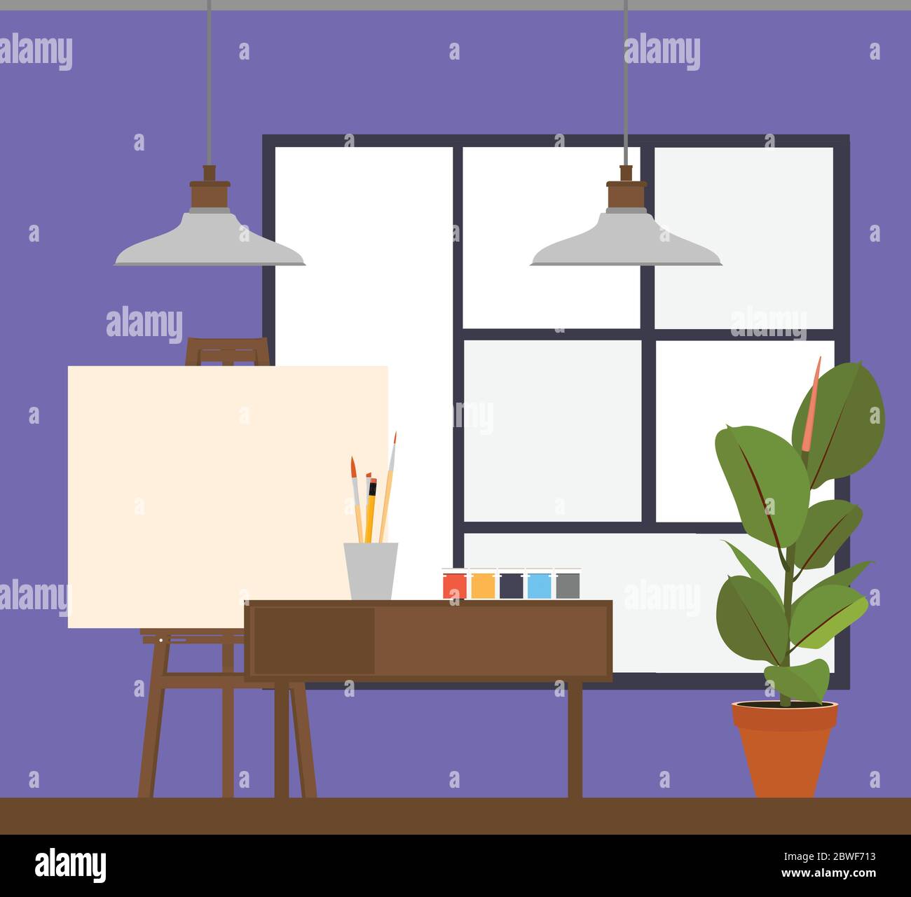 Art studio interior. Creative workshop room with canvas, paints ...