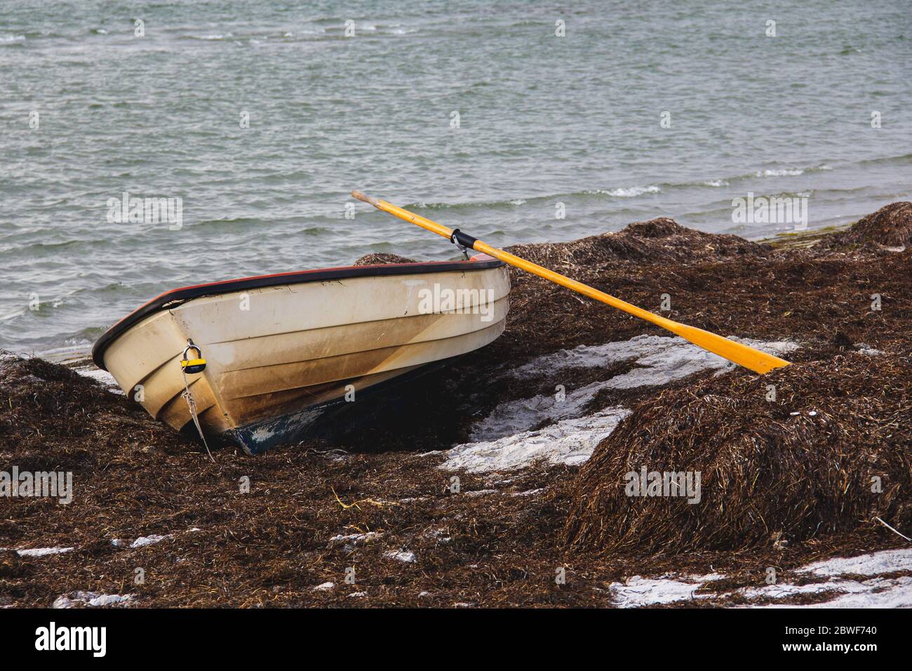 A single boat dragged on to the beach filled with seaweed Stock Photo ...