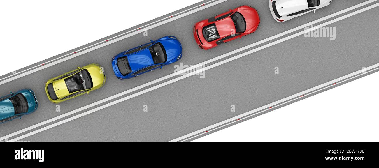 road with cars in one lane top view. 3d rendering Stock Photo - Alamy