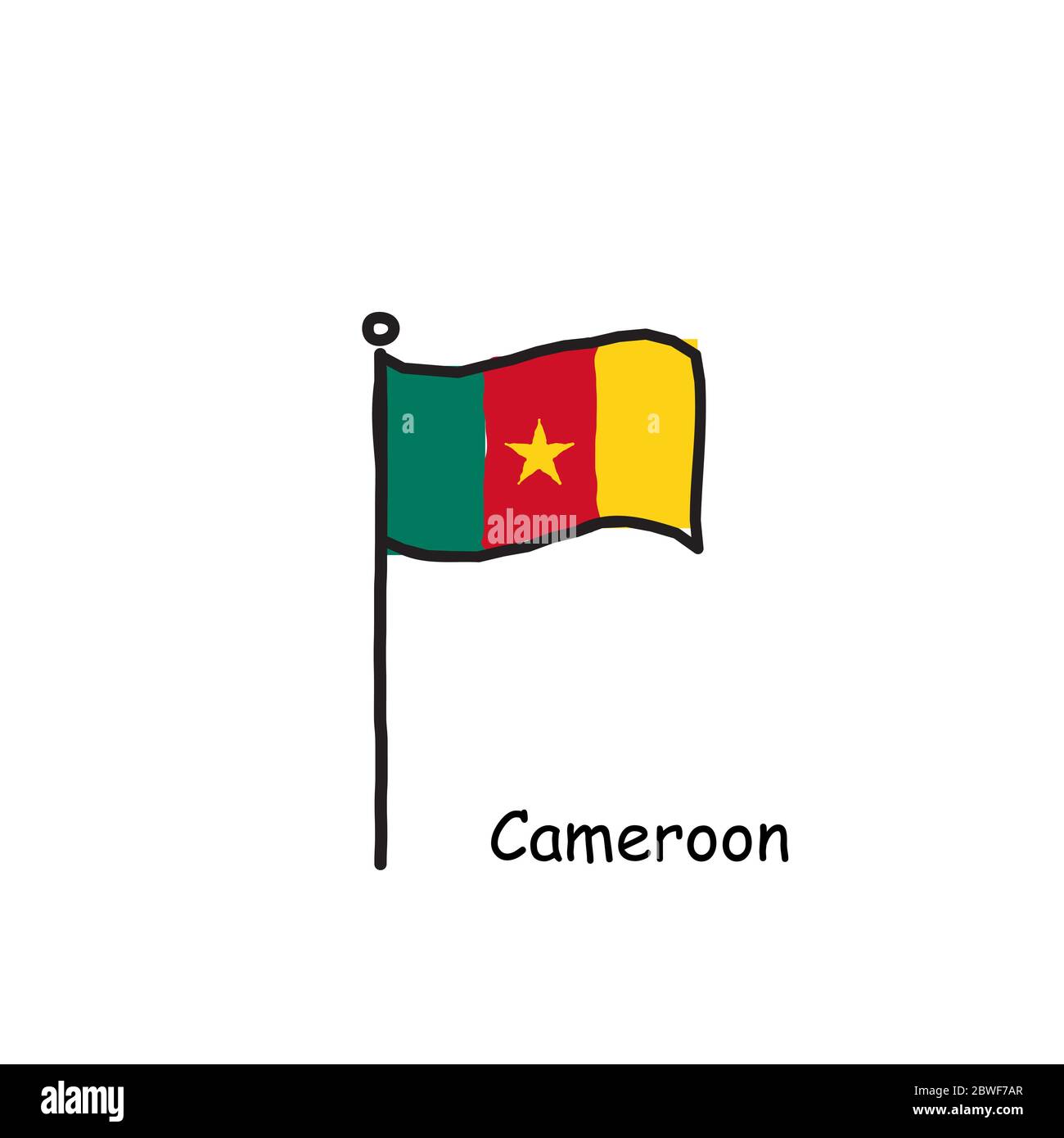hand drawn sketchy Cameroon flag on the flag pole. three color flag ...