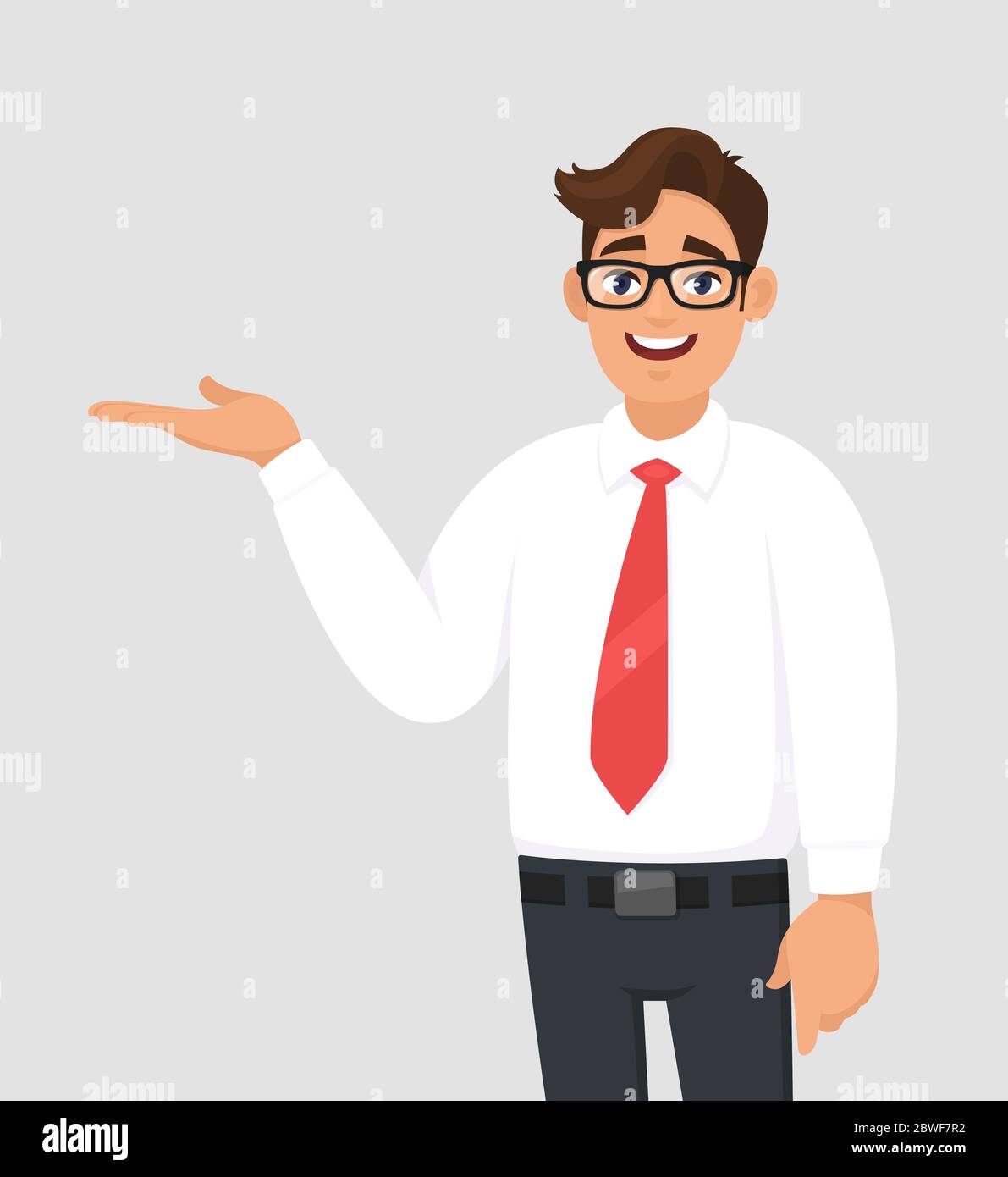 Portrait of businessman showing/pointing hand to copy space side away ...