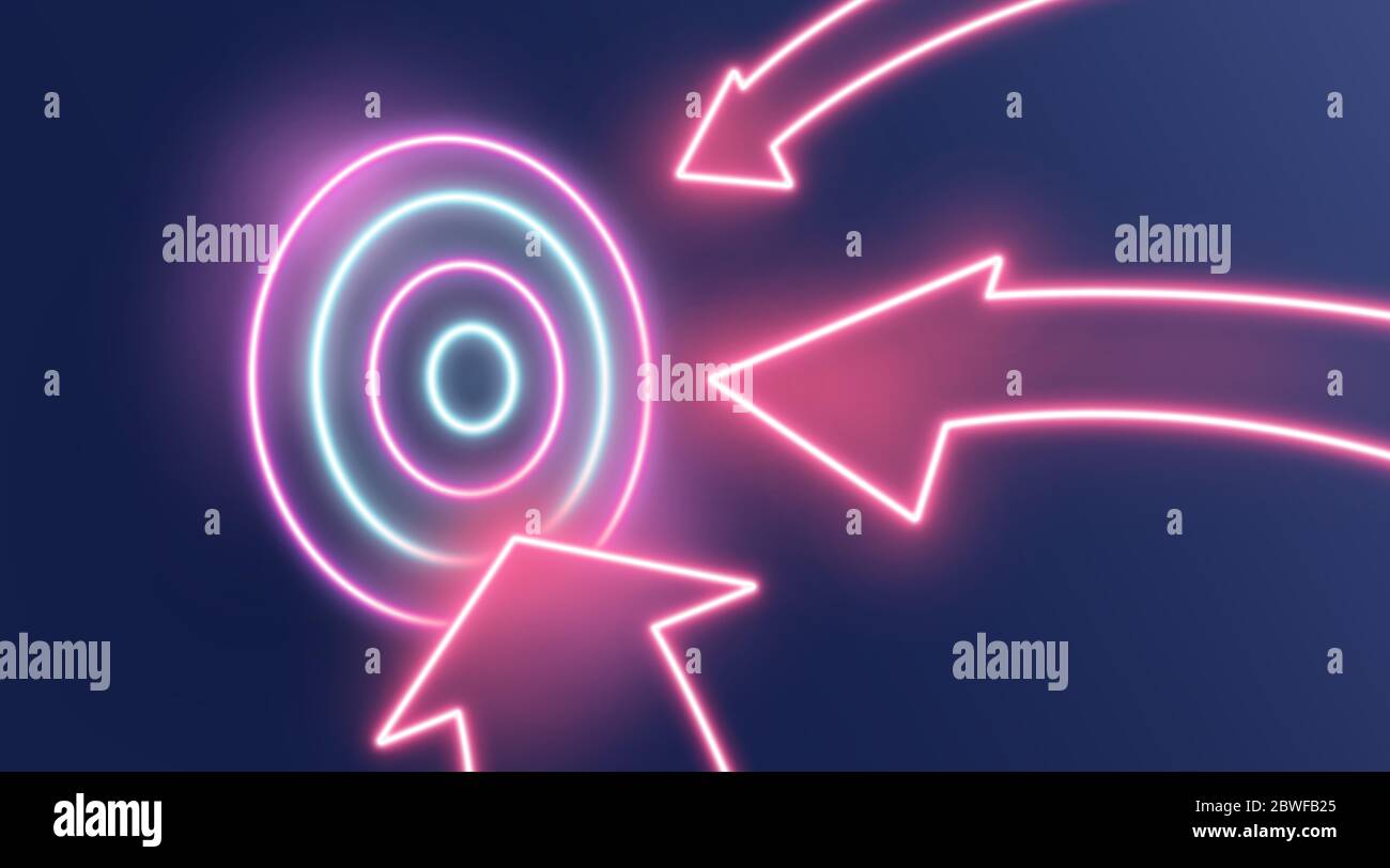 Reaching business goals concept. Neon arrows hitting target on dark ...
