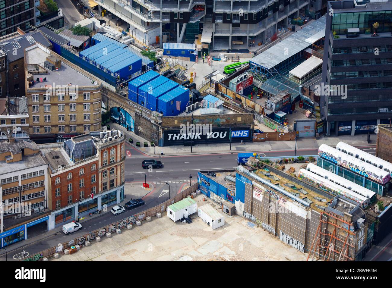 Aerial View of a London Construction Site with the Sign "Thank you NHS ...