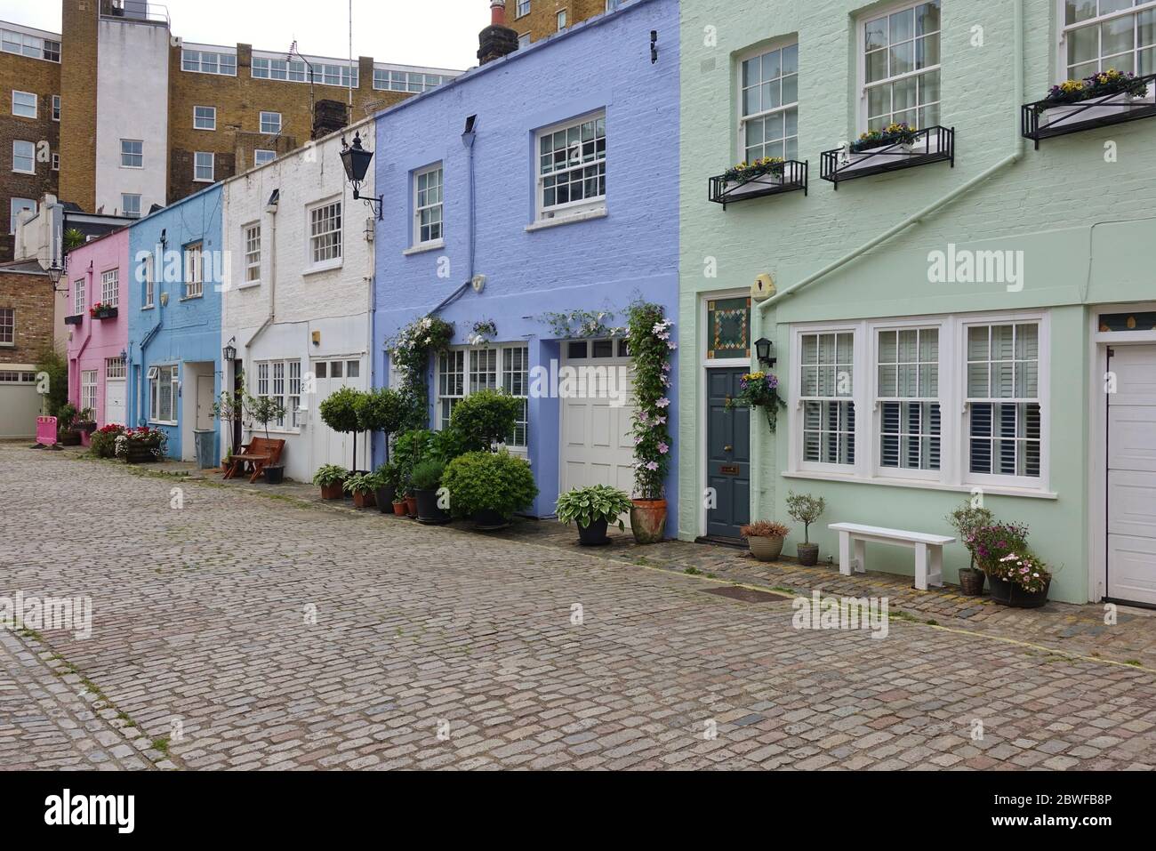 LONDON, UK -16 MAY 2020- Colorful painted buildings in Notting Hill ...