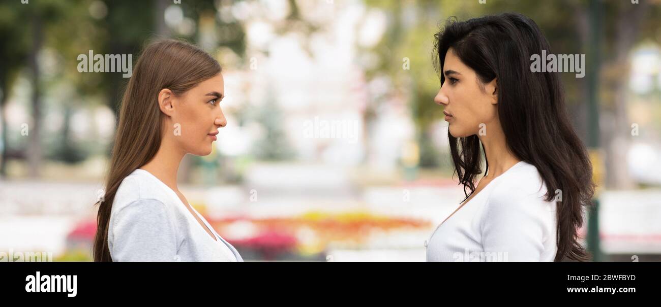 Two Girls Having Confrontation Standing Outside In Park, Panorama Stock ...