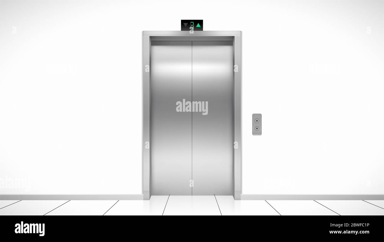 Realistic elevator, with a closed door rising to the third floor ...