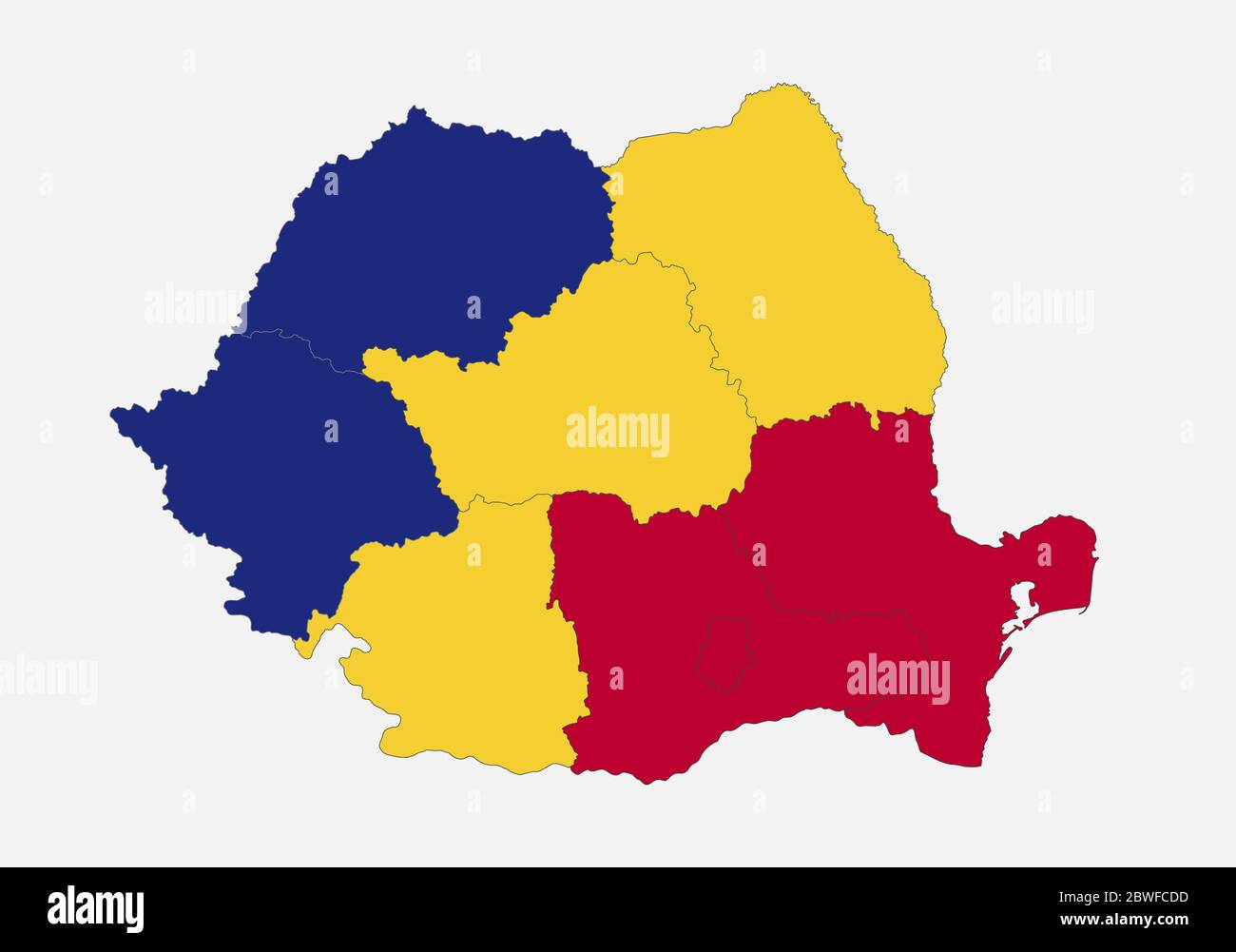 Map of the Romania in the colors of the flag with administrative ...