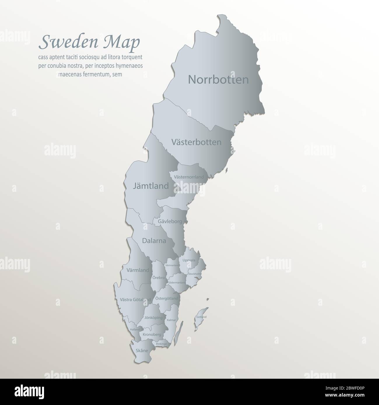 Sweden map, administrative division with names, white blue card paper ...