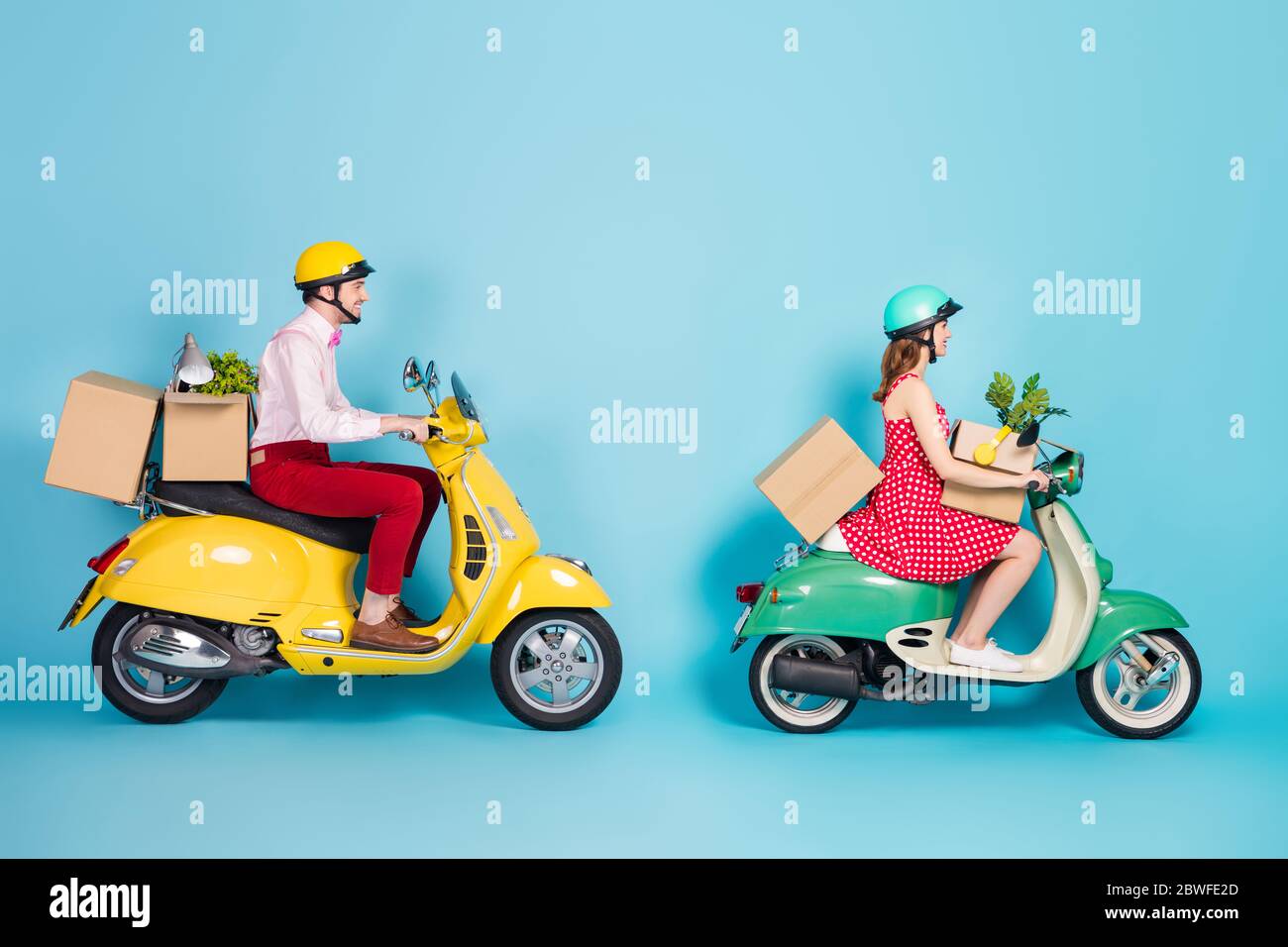 Full length profile side photo of positive two people rider biker ...