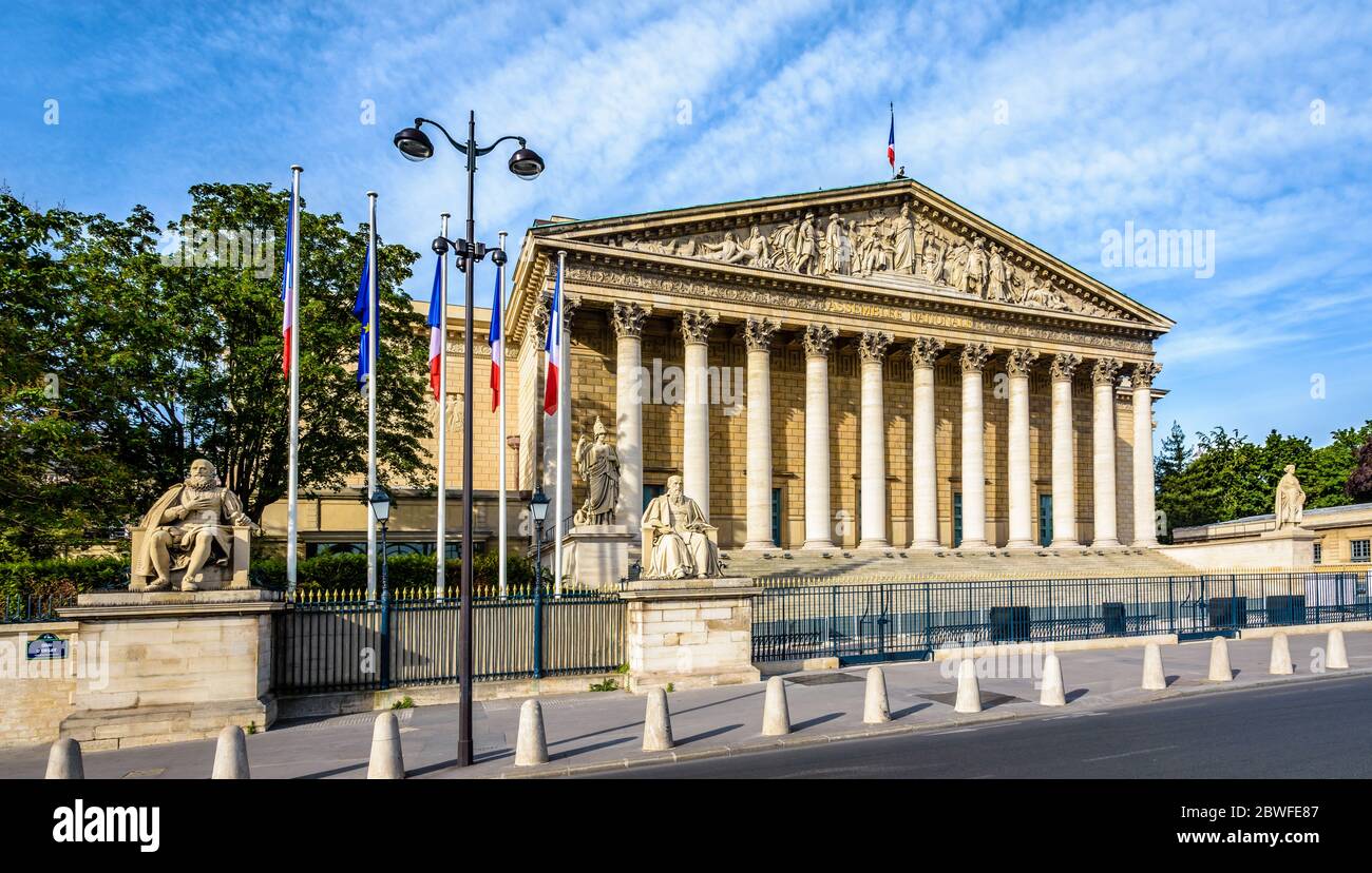 Panoramic view of the neoclassical facade, with portico, colonnade and ...